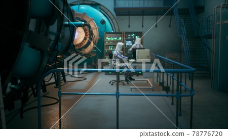 Scientists watch the work of a time machine or... - Stock Illustration ...