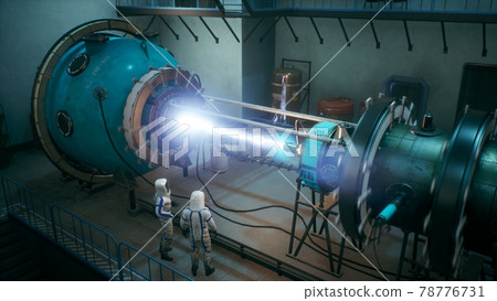 Scientists watch the work of a time machine or... - Stock Illustration ...