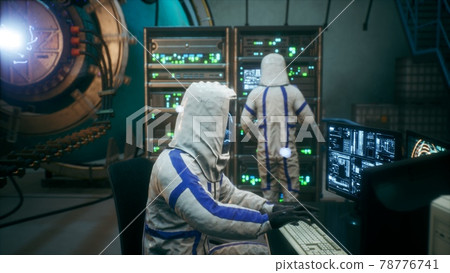 Scientists watch the work of a time machine or... - Stock Illustration ...