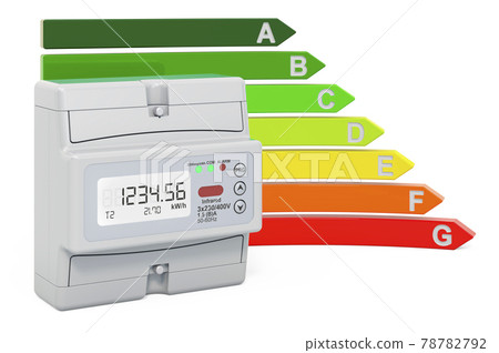Electric meter with energy efficiency chart, 3D... - Stock Illustration ...