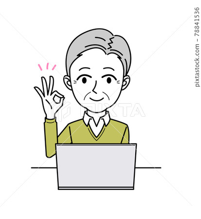 Senior male OK sign to operate PC - Stock Illustration [78841536] - PIXTA