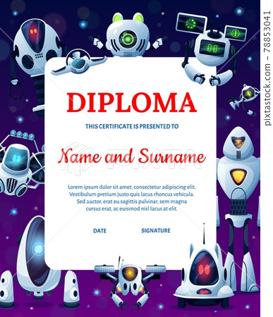 Cartoon robots, kids education diploma certificate - Stock Illustration ...