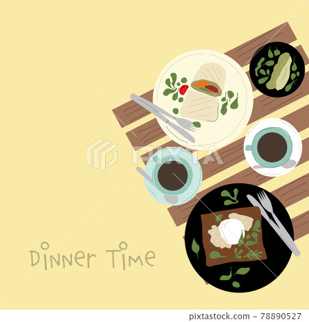 Dinner time illustration. Fresh food and drinks... - Stock Illustration ...