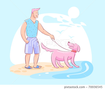 Man walking his dog on the beach - Stock Illustration [78936545] - PIXTA