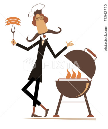 Comic cook with long mustache prepares meal on... - Stock Illustration ...