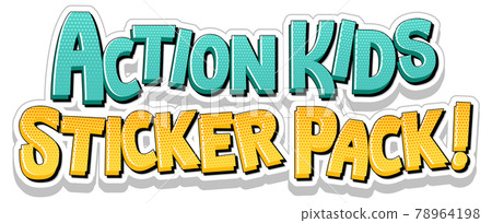 Font design with Action Kids Sticker Pack word - Stock Illustration ...