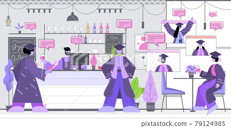 graduated students discussing during meeting in... - Stock Illustration ...