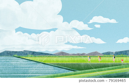 Rural scenery (elementary school students going... - Stock Illustration ...