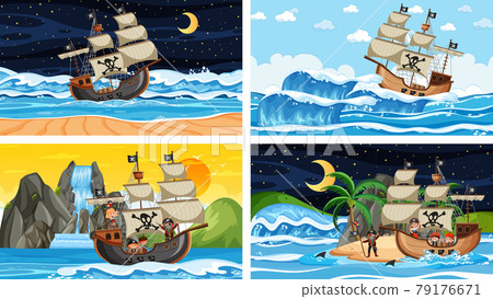Set of different beach scenes with pirate ship - Stock Illustration ...