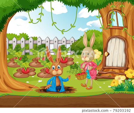 Outdoor scene with many happy rabbits in the... - Stock Illustration ...