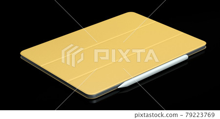 Computer tablet with gold cover case and pencil... - Stock Illustration ...