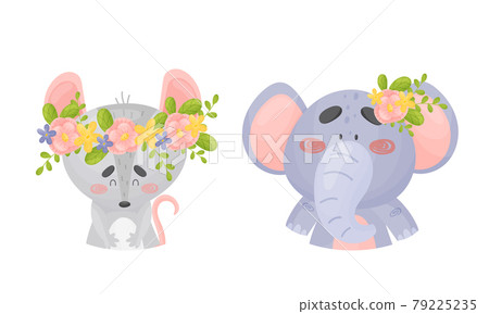 Cartoon Animals with Flower Decoration on Their... - Stock Illustration ...