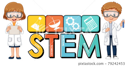 STEM education logo with scientist kids cartoon... - Stock Illustration ...