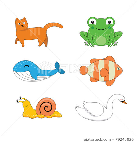 cat, frog, whale, fish, snail and swan - Stock Illustration [79243026 ...