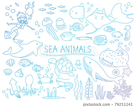 Sea creature line drawing illustration set - Stock Illustration ...