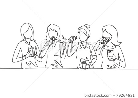 Continuous one line drawing friends eating fast... - Stock Illustration ...
