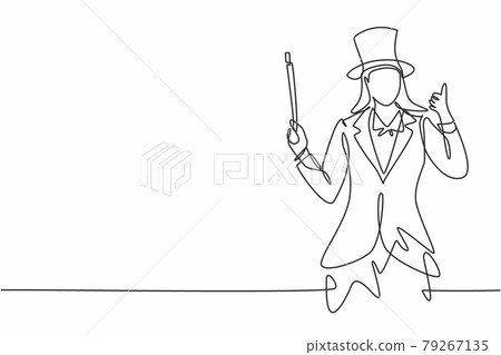 Single one line drawing of female magician with... - Stock Illustration ...