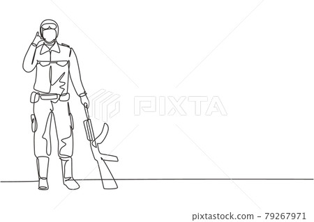 Single continuous line drawing soldier stands... - Stock Illustration ...