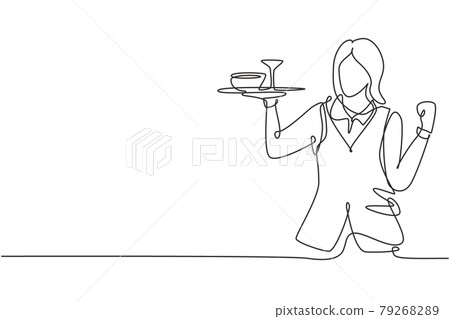 Single continuous line drawing waitress with... - Stock Illustration ...