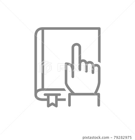 Hand touches a book line icon. Reading book,... - Stock Illustration ...