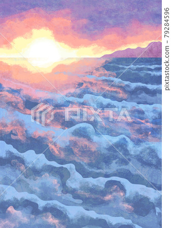 Boho Sea Beach with Waves and Sunset Print.... - Stock Illustration ...