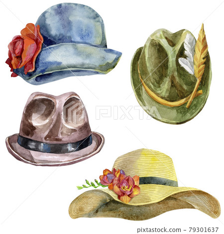 Set of watercolor illustrations of hats on... - Stock Illustration ...