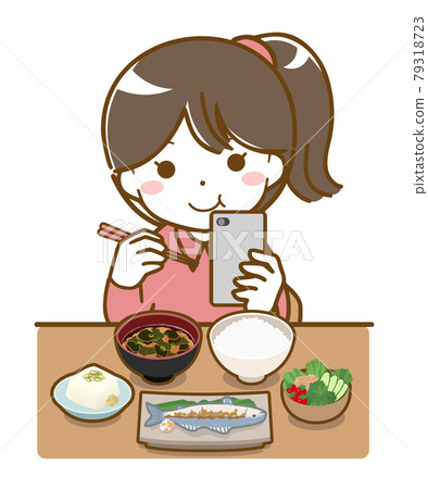 A girl playing with her smartphone while eating - Stock Illustration ...