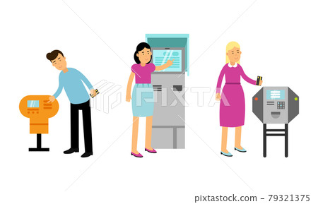 People Characters Using Electronic Self Service... - Stock Illustration ...