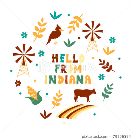 USA collection. Hello from Indiana theme. State... - Stock Illustration ...