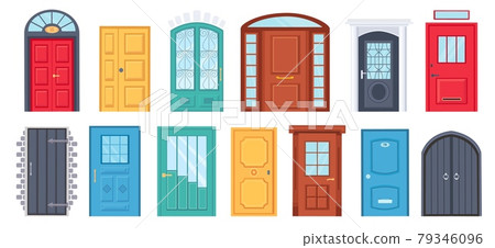 Retro doors. Cartoon front doorway exterior... - Stock Illustration ...