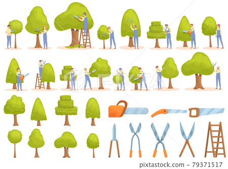Tree trimming icons set cartoon vector. Tree... - Stock Illustration ...