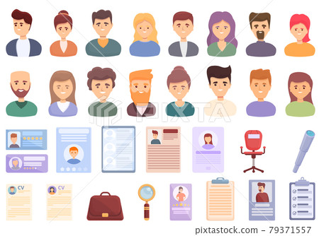 Candidate icons set cartoon vector. Work man - Stock Illustration ...