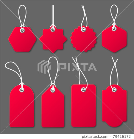 Realistic red price tags with white string on... - Stock Illustration ...