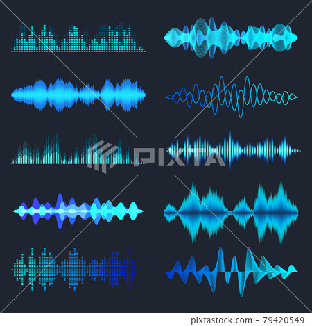 Blue colorful sound waves collection. Analog... - Stock Illustration ...