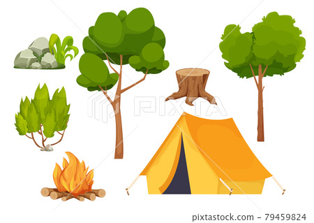 Set camping campfire, tent, bush, forest trees,... - Stock Illustration ...