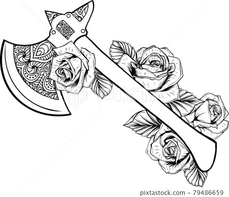 vector illustration of axe with roses design - Stock Illustration ...