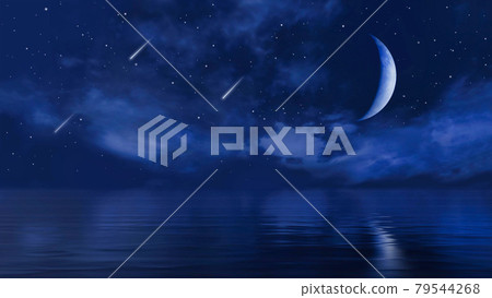 Moon and falling stars in night sky above ocean 3D - Stock Illustration ...
