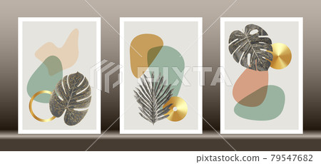 Botanical wall art vector set. Golden foliage... - Stock Illustration ...