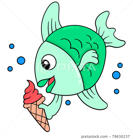 green fish enjoying ice cream in summer, doodle... - Stock Illustration ...