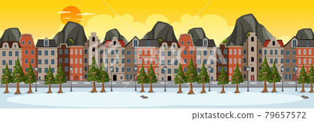 Winter horizontal scene at sunset time with... - Stock Illustration ...