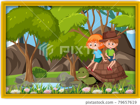 Happy kids playing with big turtle photo in a... - Stock Illustration ...