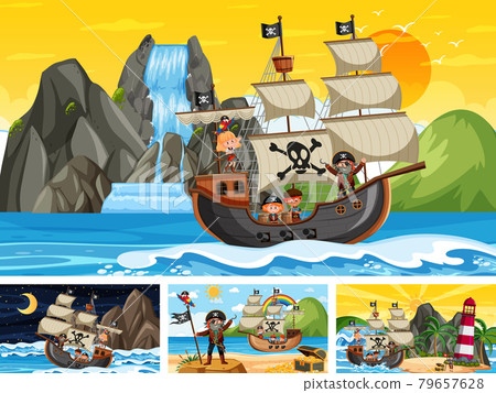 Set of different beach scenes with pirate ship - Stock Illustration ...