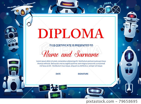 Kids education diploma with robots, certificate - Stock Illustration ...