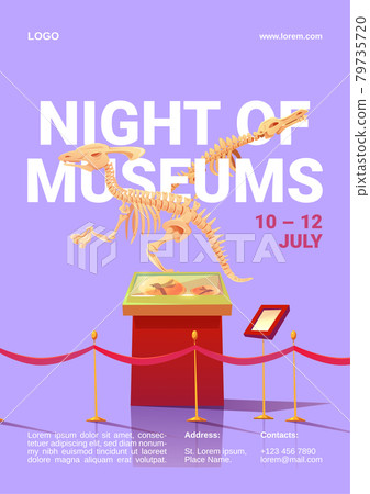 Night of museums poster with dinosaur skeleton - Stock Illustration ...