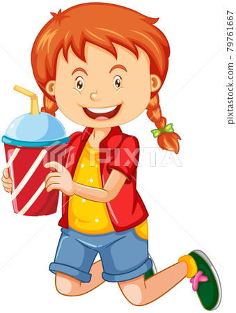 A cute girl holding drink cup cartoon character... - Stock Illustration ...