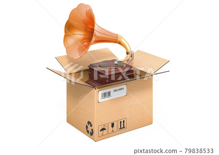 Retro gramophone inside cardboard box, delivery... - Stock Illustration ...