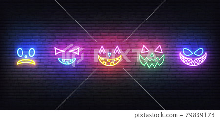 Halloween neon scary face icons. Set of bright... - Stock Illustration ...