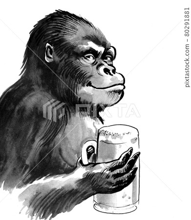 Gorilla ape drinking a mug of beer. Ink and... - Stock Illustration ...