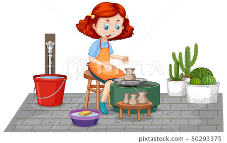 Cartoon character girl making pottery clay on... - Stock Illustration ...