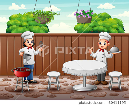 Cartoon happy two chefs deliver food for customer - Stock Illustration ...
